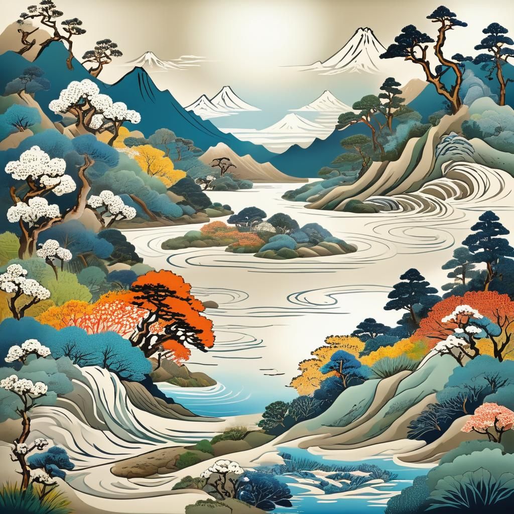 zen garden in the style of Hokusai - Traditional Japanese Ze...
