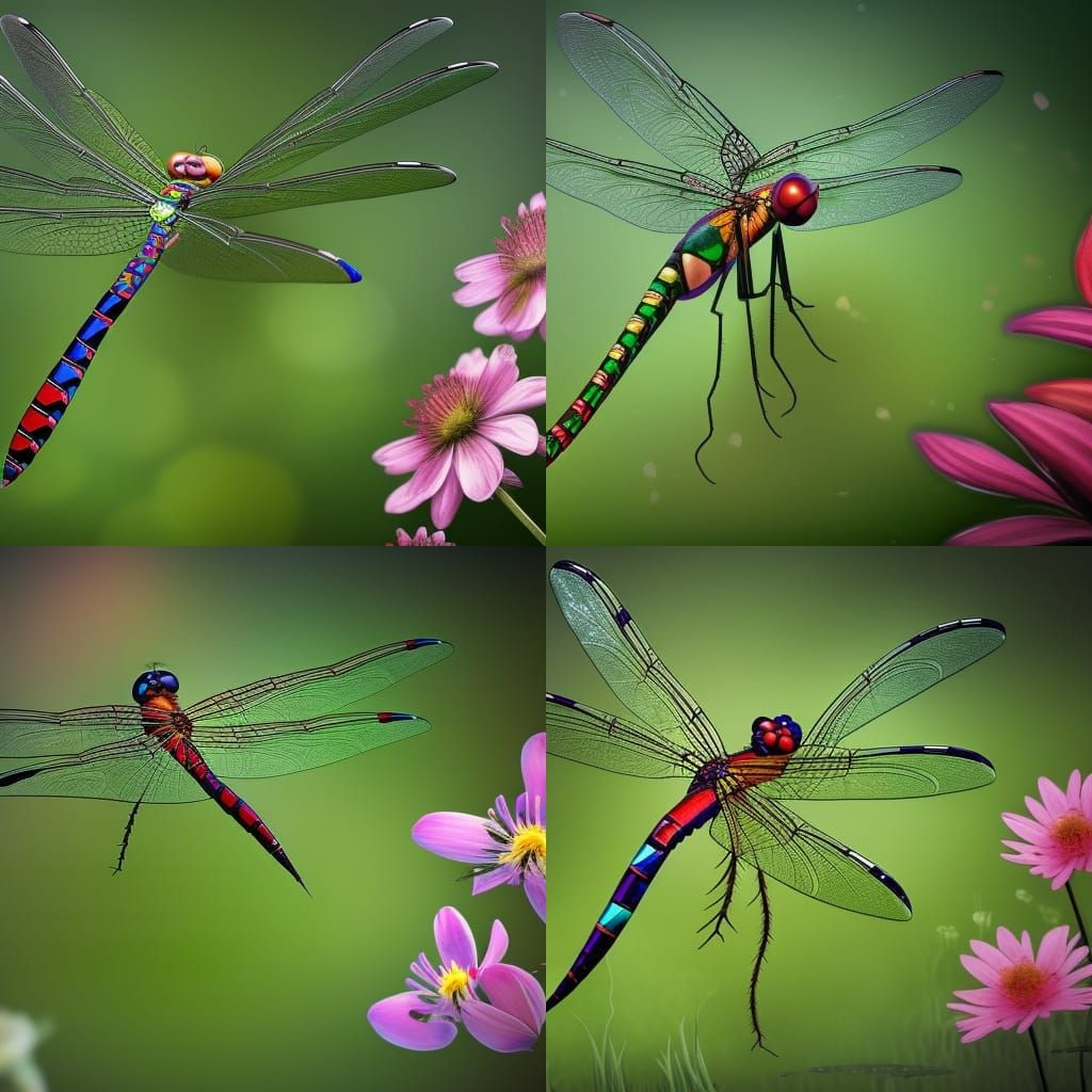 Long legged big eye's fluttering wings beautiful colored dragonfly in a lush Emerald green ...