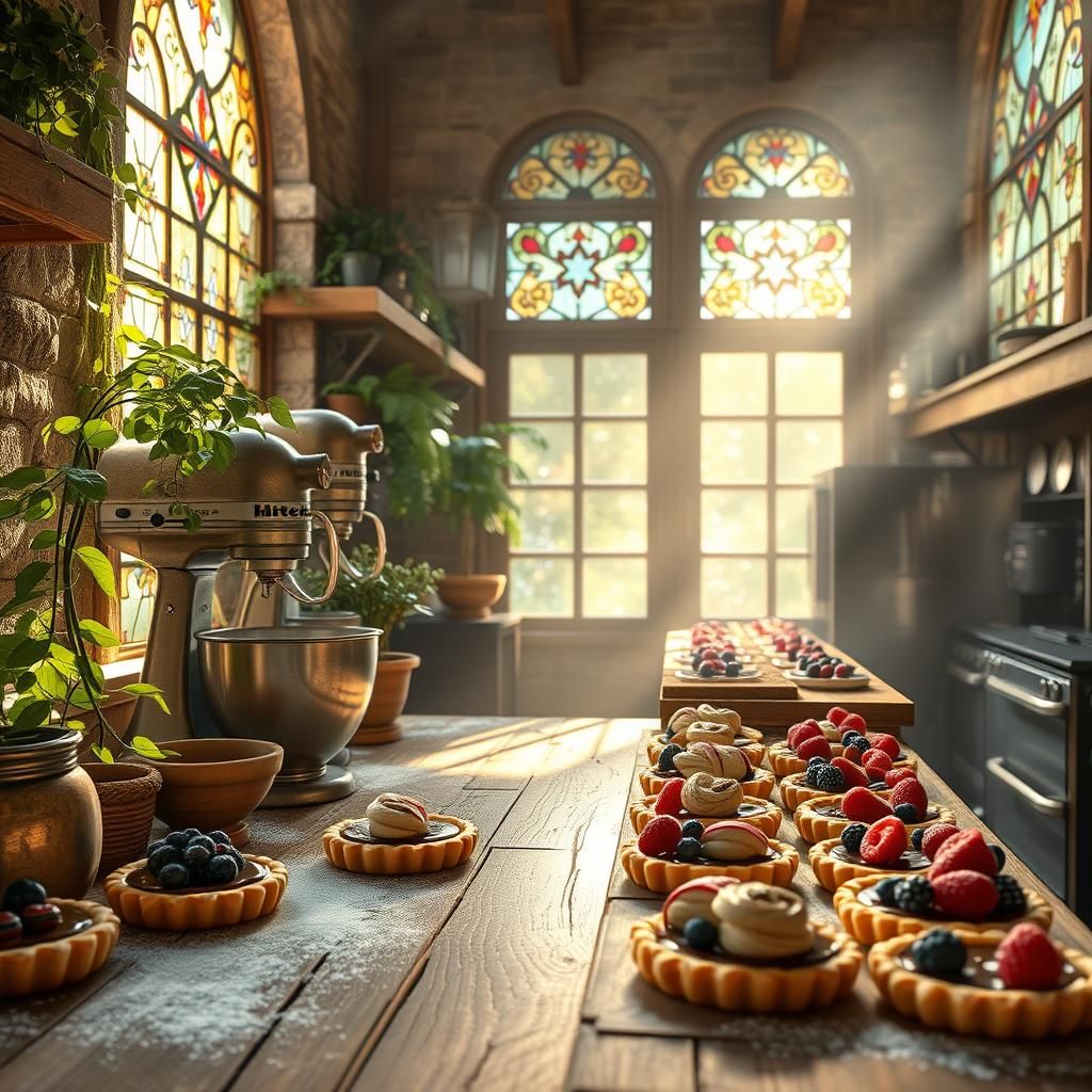 Baking tarts - Warm Bakery Scene in Hyper-Realistic Style