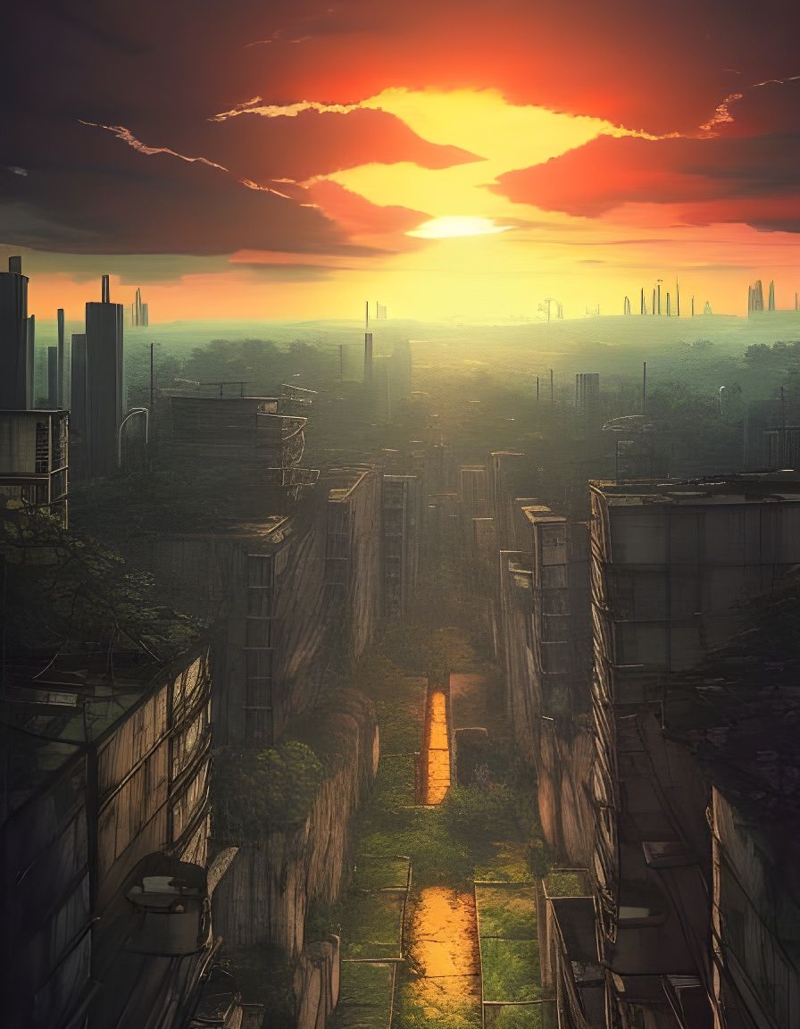 Overgrown Post-apocalyptic city with a dramatic sunset!! dramatic composition, hyperdetailed ...
