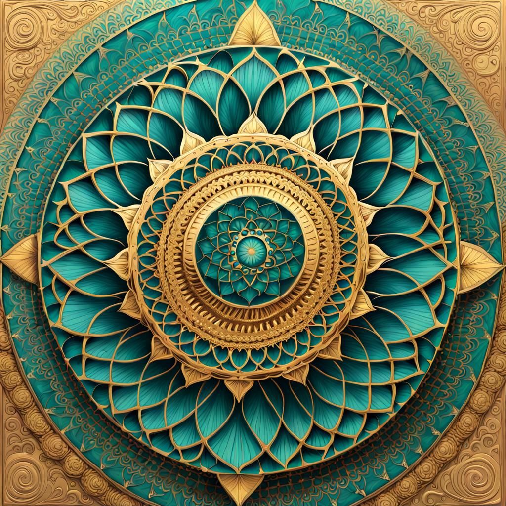 Mandala in teal and gold. - AI Generated Artwork - NightCafe Creator