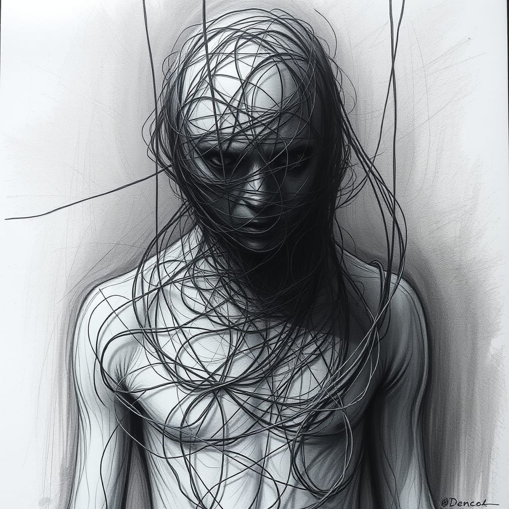 Haunting Figure in Tangled Graphite Lines - AI Art