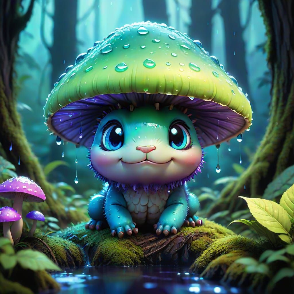 Whimsical Chibi Caterpillar Under a Glowing Mushro... - AI Art