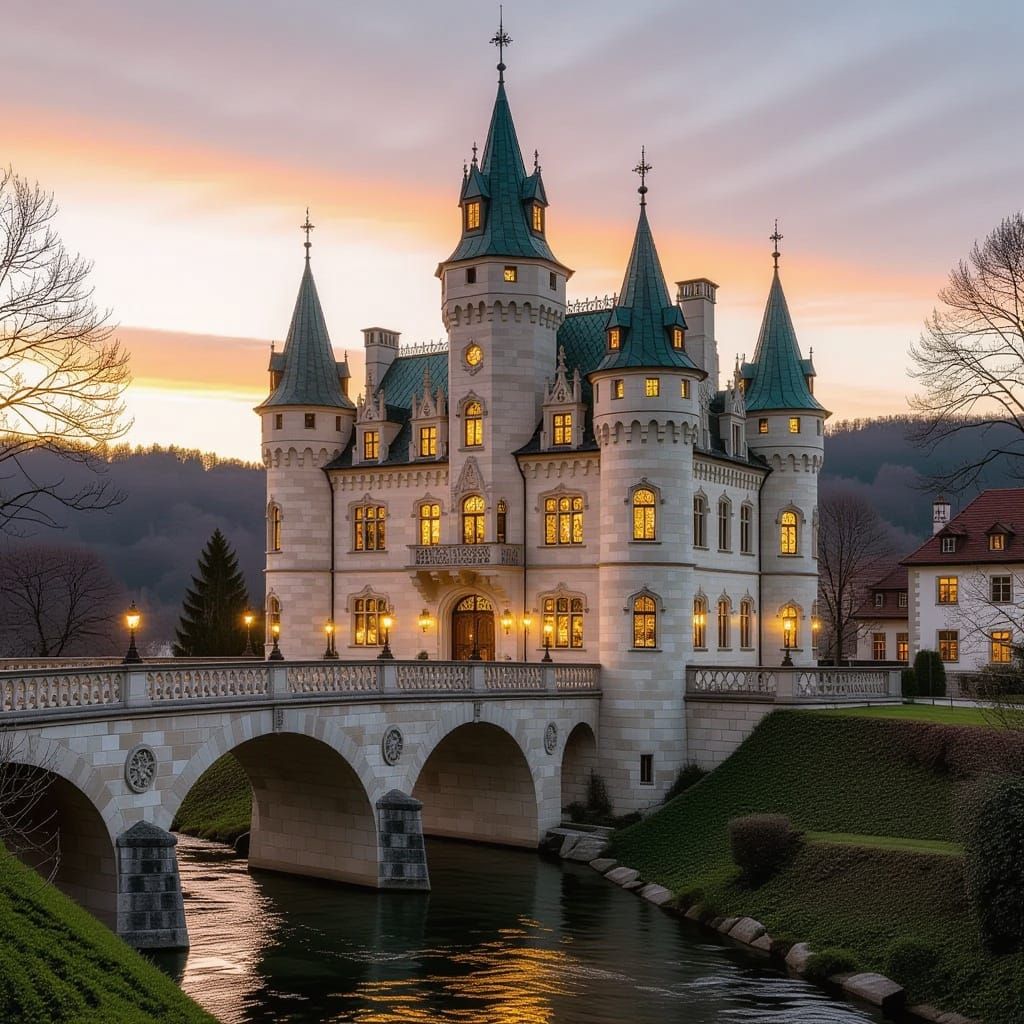 Ethereal Castle Amidst a Lush Garden in Soft Sunse... - AI Art