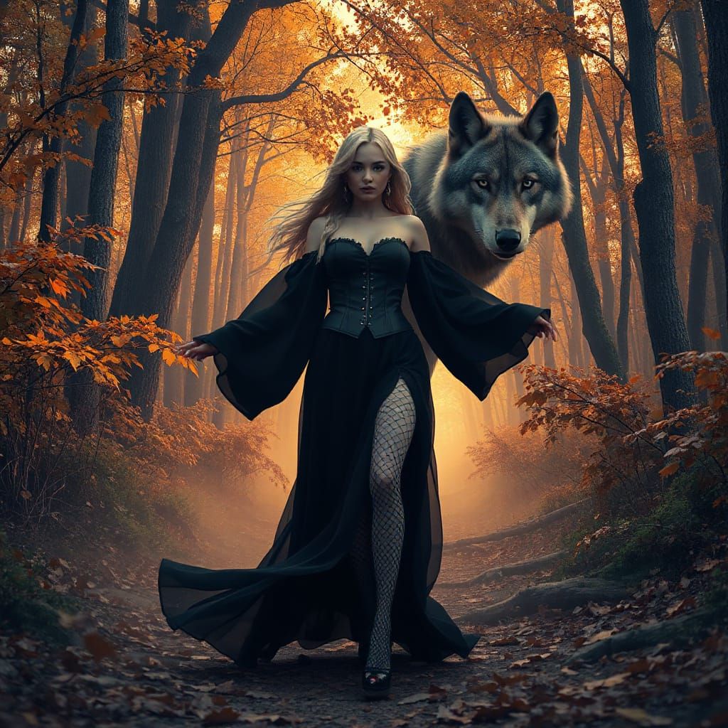 Goth woman walking in autumn leaves and trees with a wolf