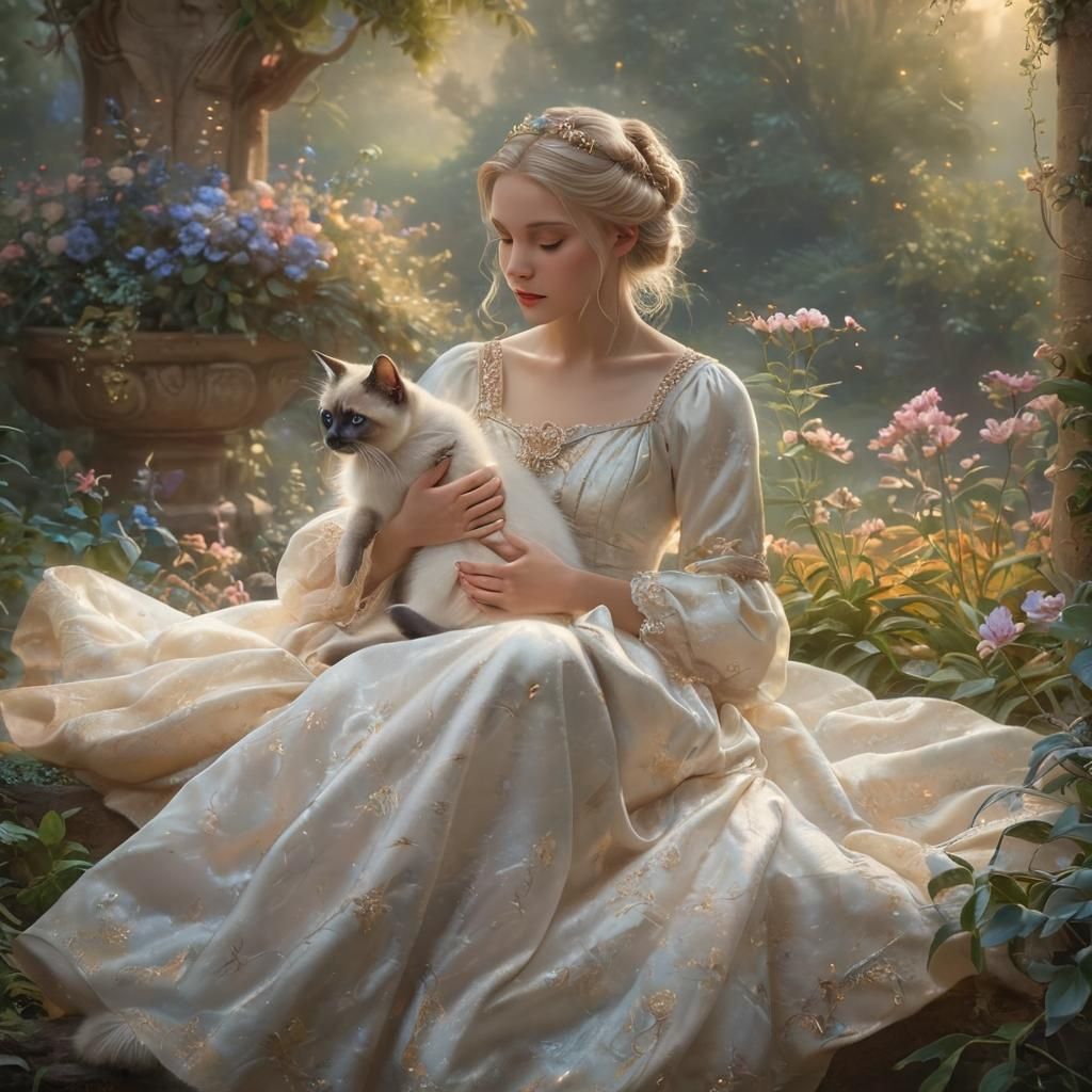 Girl with Siamese Cat in Whimsical Fantasy Scene - AI Art