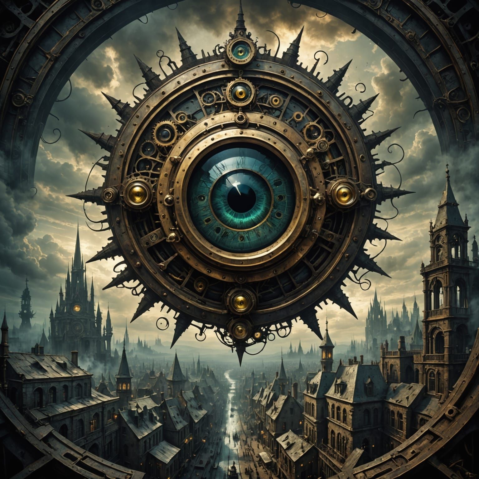 Steampunk Horror Eye in a Surreal Background - AI Art