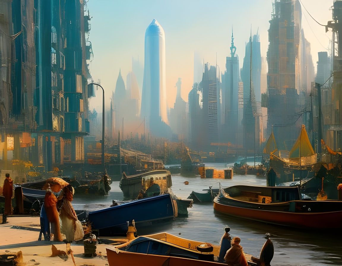 Canal with Solarpunk Tower - Post Apocalypse - AI Generated Artwork ...