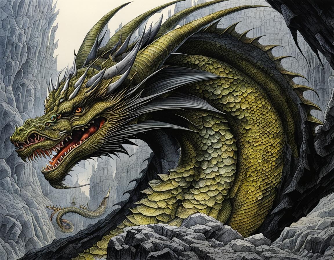 Green dragon with the art style of Ian Miller - AI Generated Artwork ...