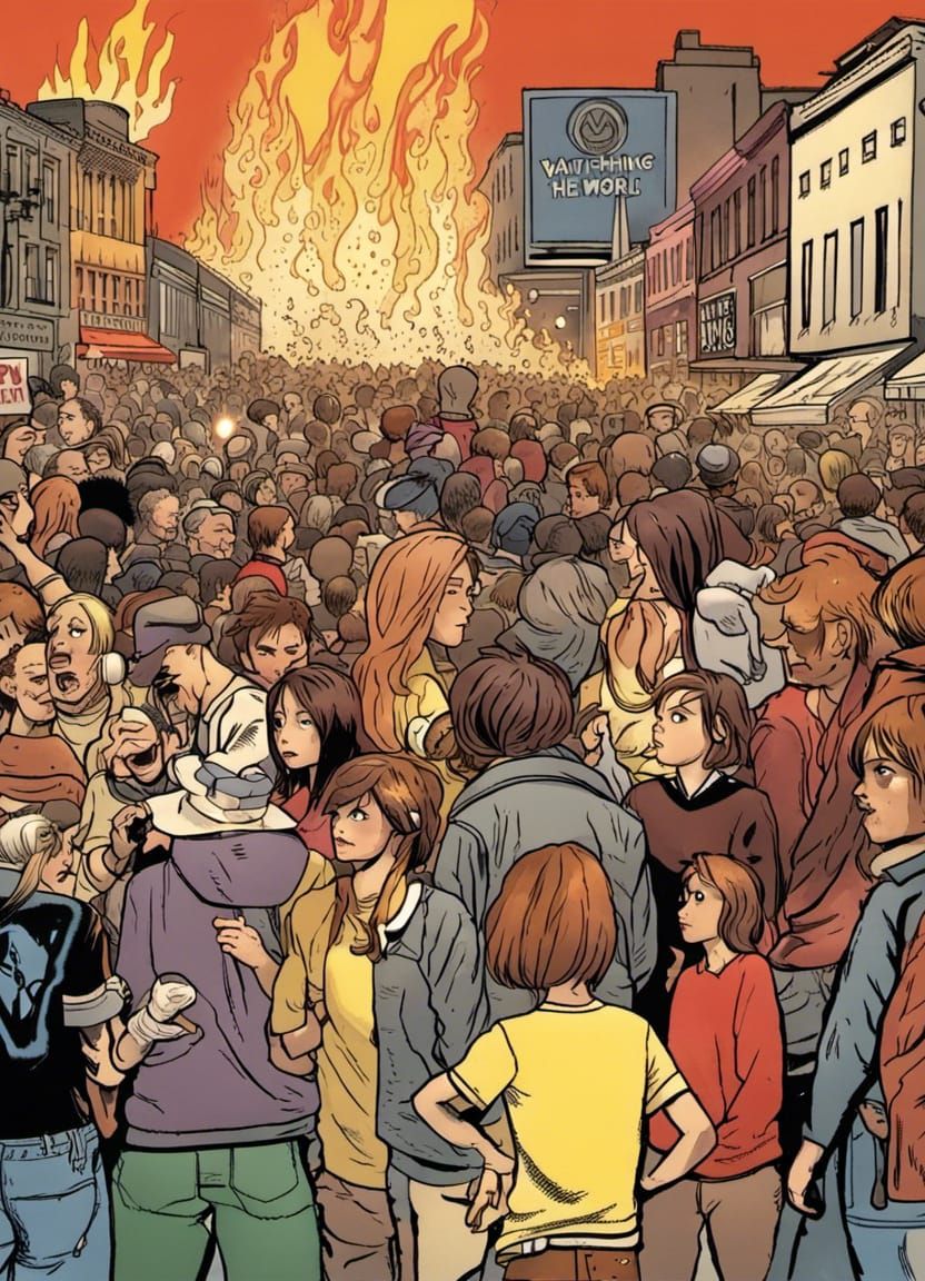People Watching World Burn in Comic Art Style - AI Art