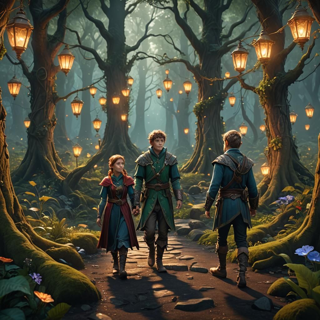 Two elfs walking in a enchanted forest lot by lanterns - AI Generated ...