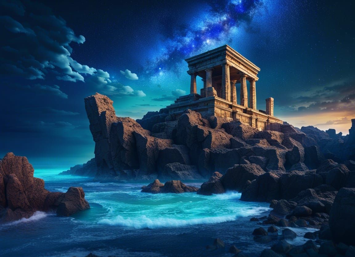 Ancient Ruins of the lost civilization of Atlantis. Rocky shoreline ...