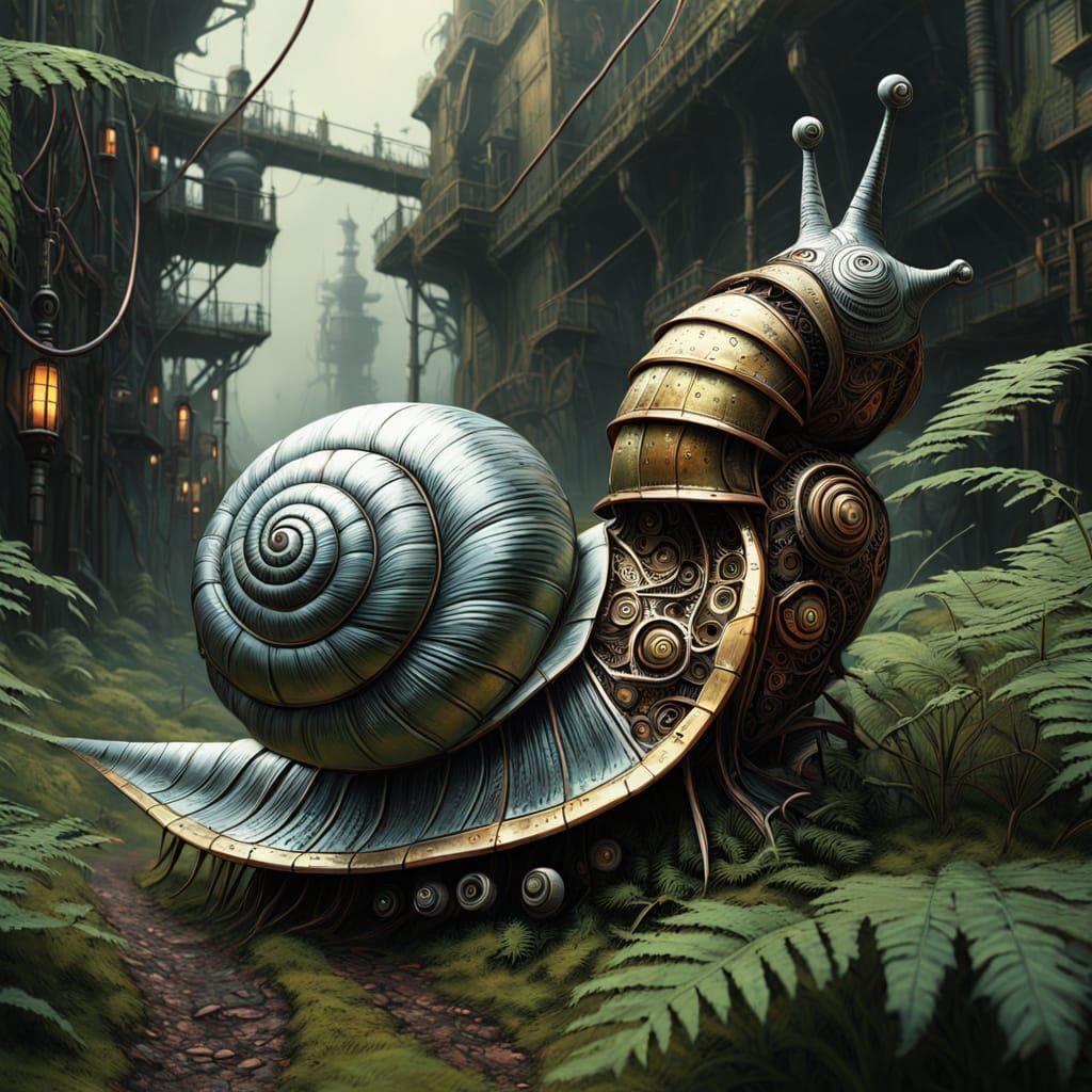 Macro photography of a steampunk glossy silver mirror snail shell ...