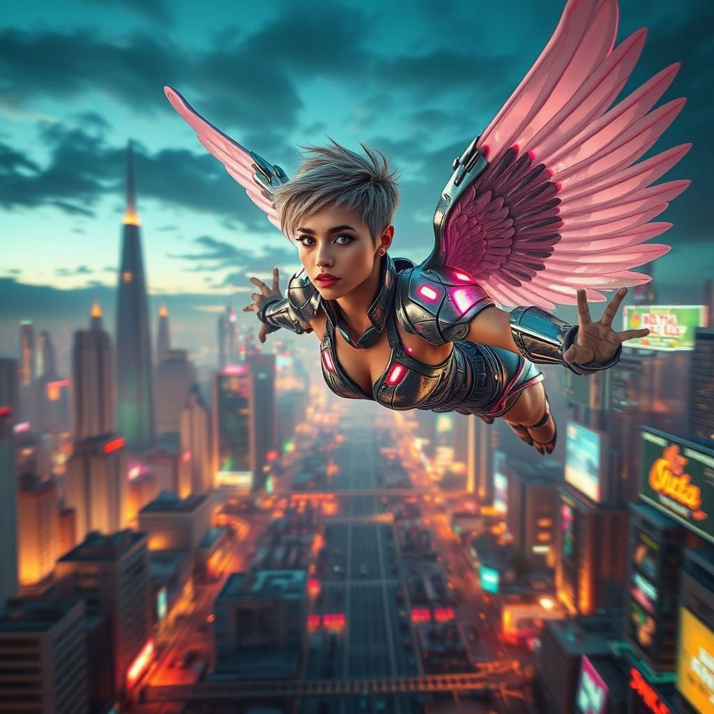 Cyberpunk Angel Soars Through Neon City Skies - AI Art