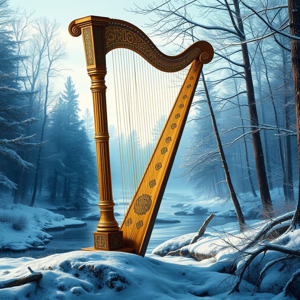 Ancient Irish Harp in Frosty Pine Forest Landscape - AI Art
