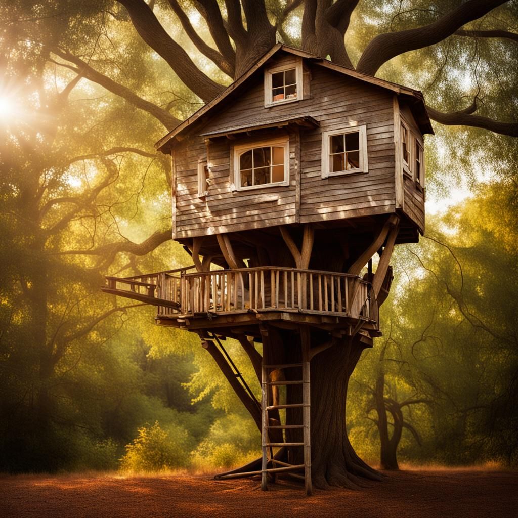 an epic old fashioned tree house painted in the style of Normal ...