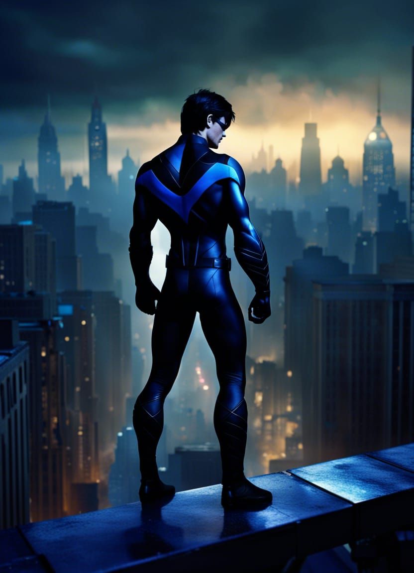 Nightwing standing on rooftop and looking at Gotham - AI Generated ...
