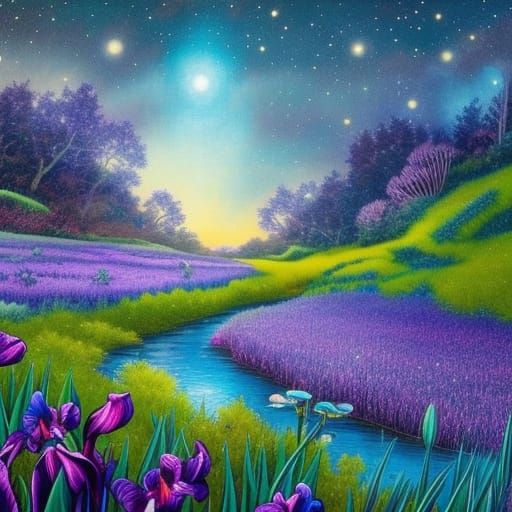 Enchanted Flower Meadow of Blue blue irises, Crimson Roses and Yellow ...