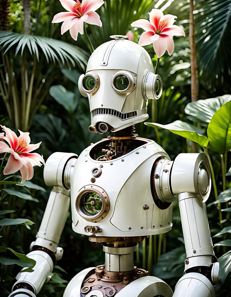 droid , in a lush tropical flower garden, - AI Generated Artwork ...