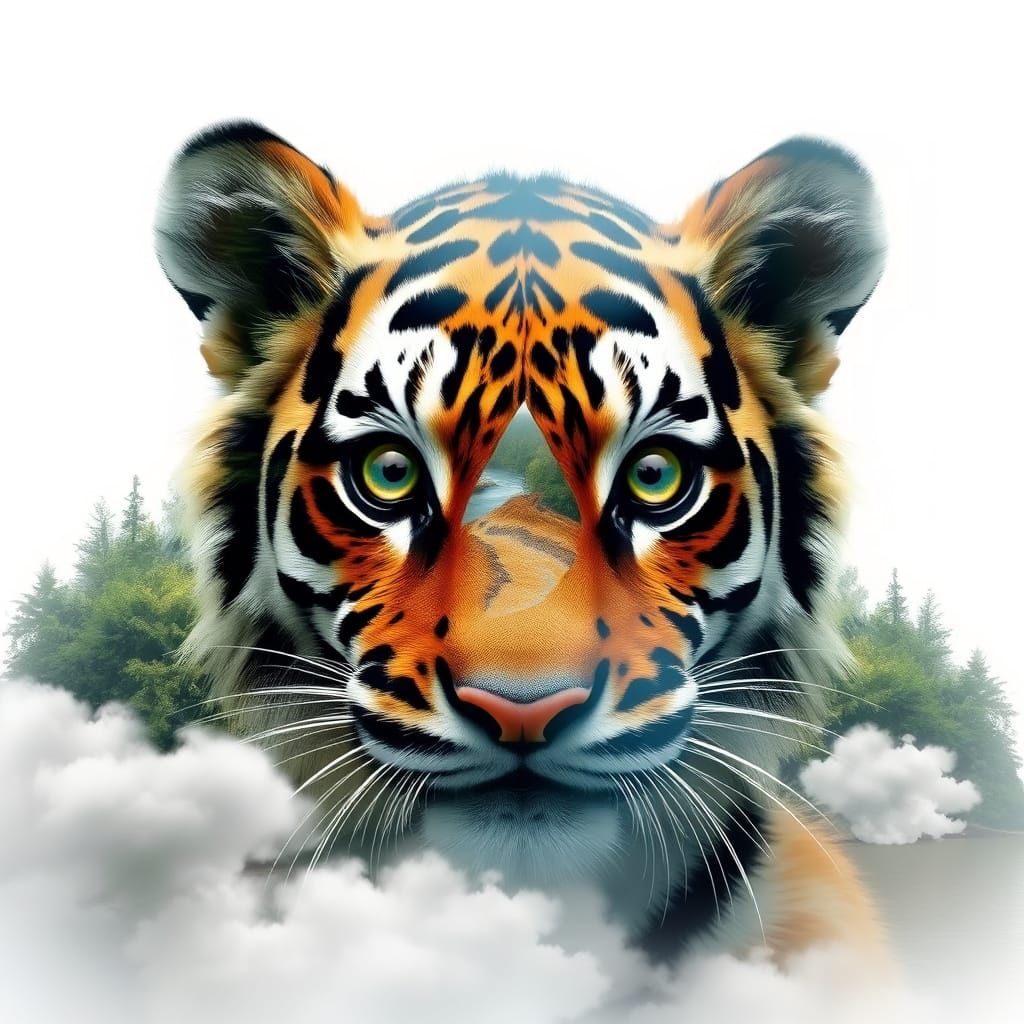 Surreal Tiger Portrait Blended with River and Fore... - AI Art