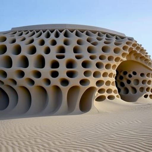 biomorphic round epic sand castle architecure, curvy sand columns, zaha ...