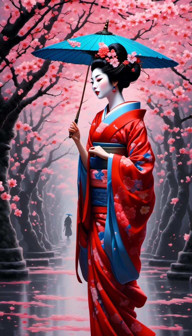 Beautiful Geisha under cherry blossom trees and an umbrella , intense ...