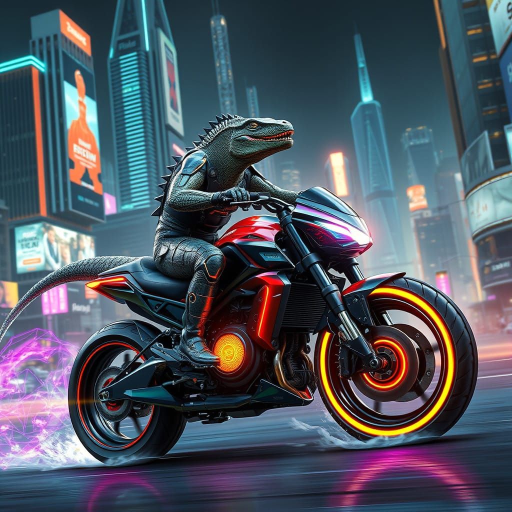 Reptilian Biker Rides Futuristic Motorcycle in Cyb... - AI Art