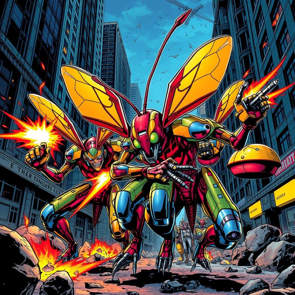 Insect Mech Warriors Clash in 90s Comic Book Style - AI Art