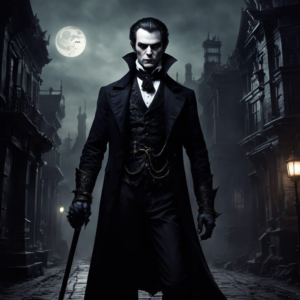 Elegant Vampire Stands Vigilant in Gothic Victoria... - AI Art
