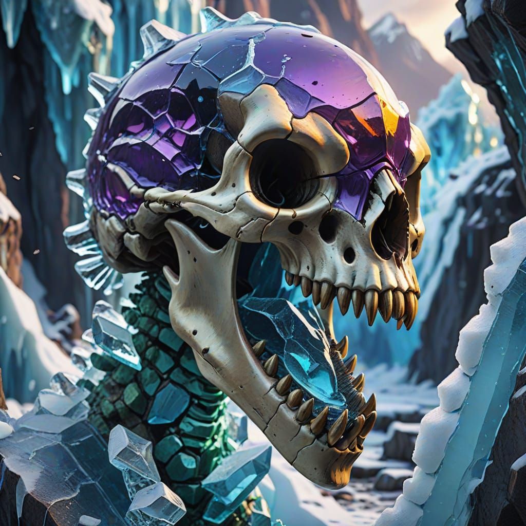 Frozen Raptor Skull in Glacieric Surrealism - AI Art