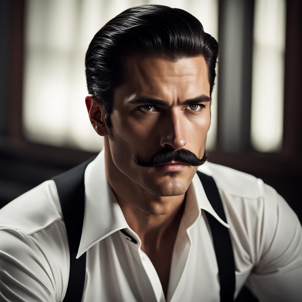 A handsome man, mustache, dark hair, dark eyes, square jaw, high ...