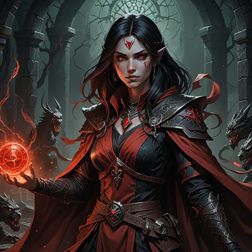 Mystical Female Necromancer in Red and Black Robes - AI Art