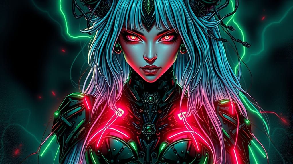 Cyberpunk Goddess in intense ink art. A striking painting/ink image of ...