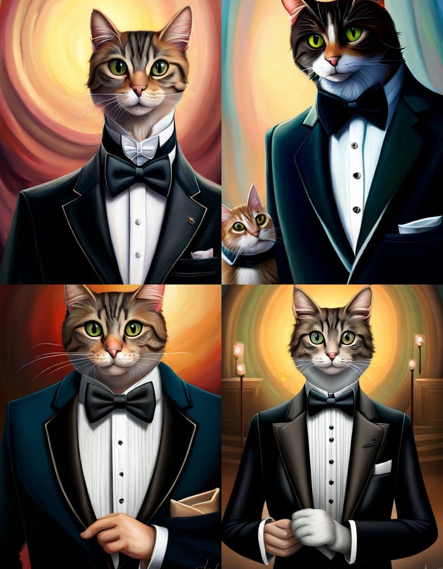 A Cat in a tuxedo working as a valet: intricate details: demurely ...