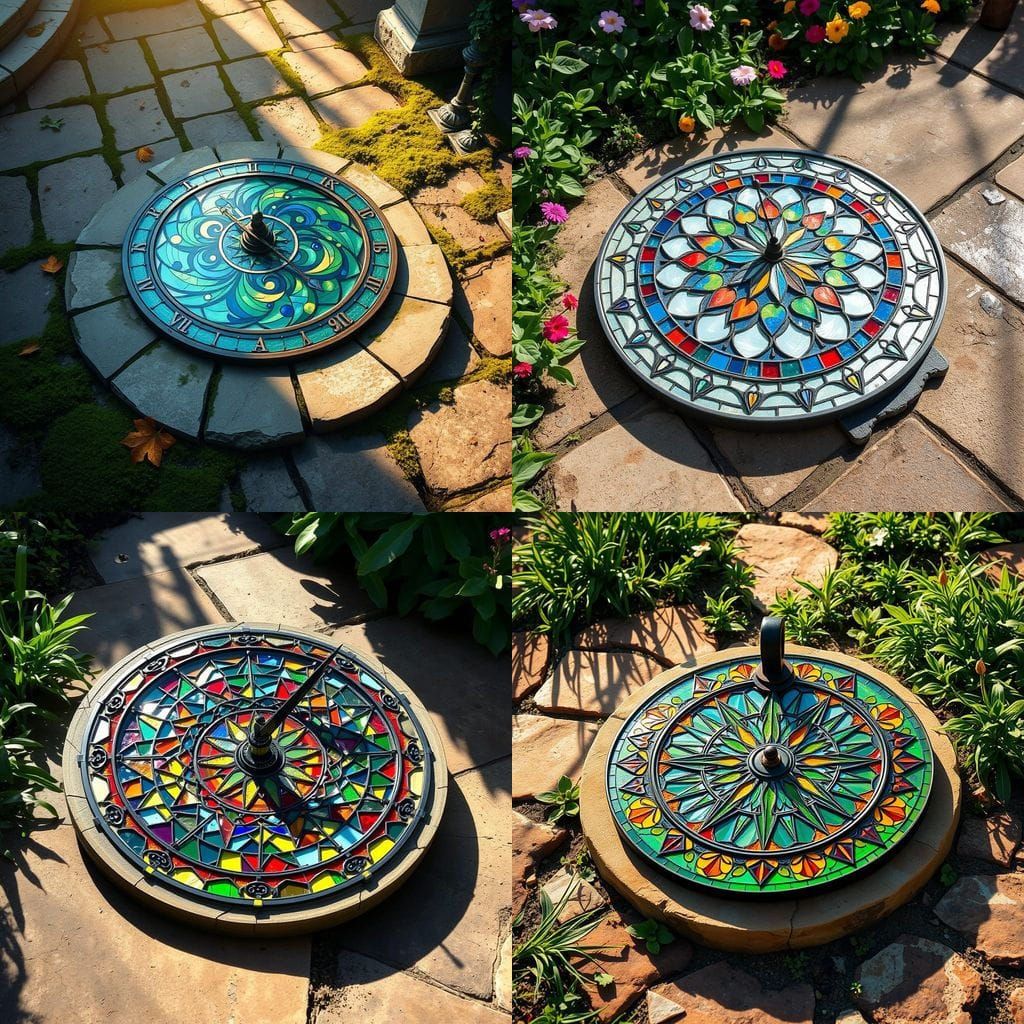 Stained Glass Sundial in Vibrant Colors on the Gro... - AI Art