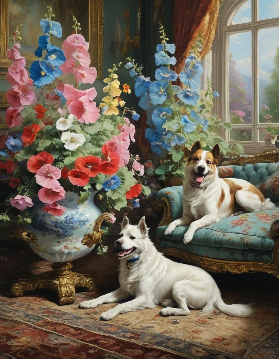 2 dogs, playing in the living room, mute colors, Rococo-style oil ...