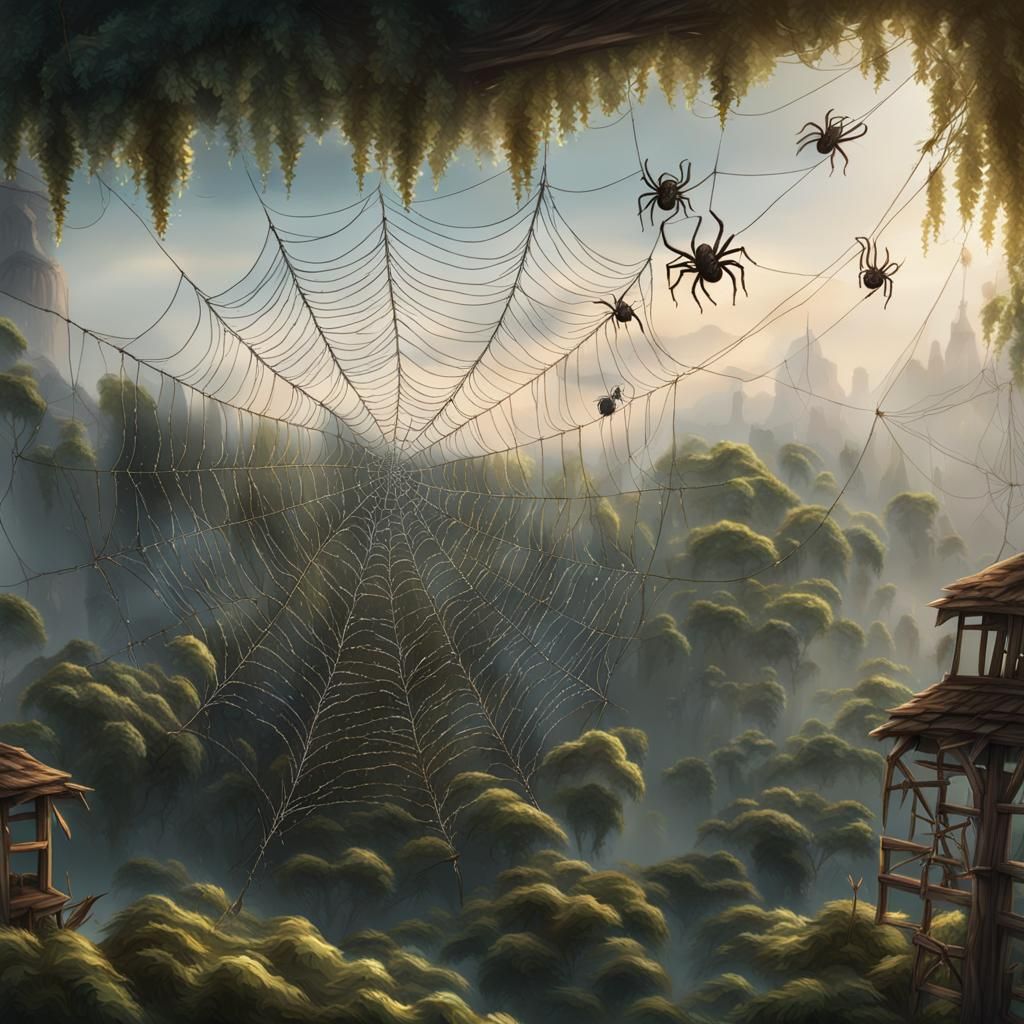 Chibi communal spiders making spiderwebs, treetop background. - AI ...
