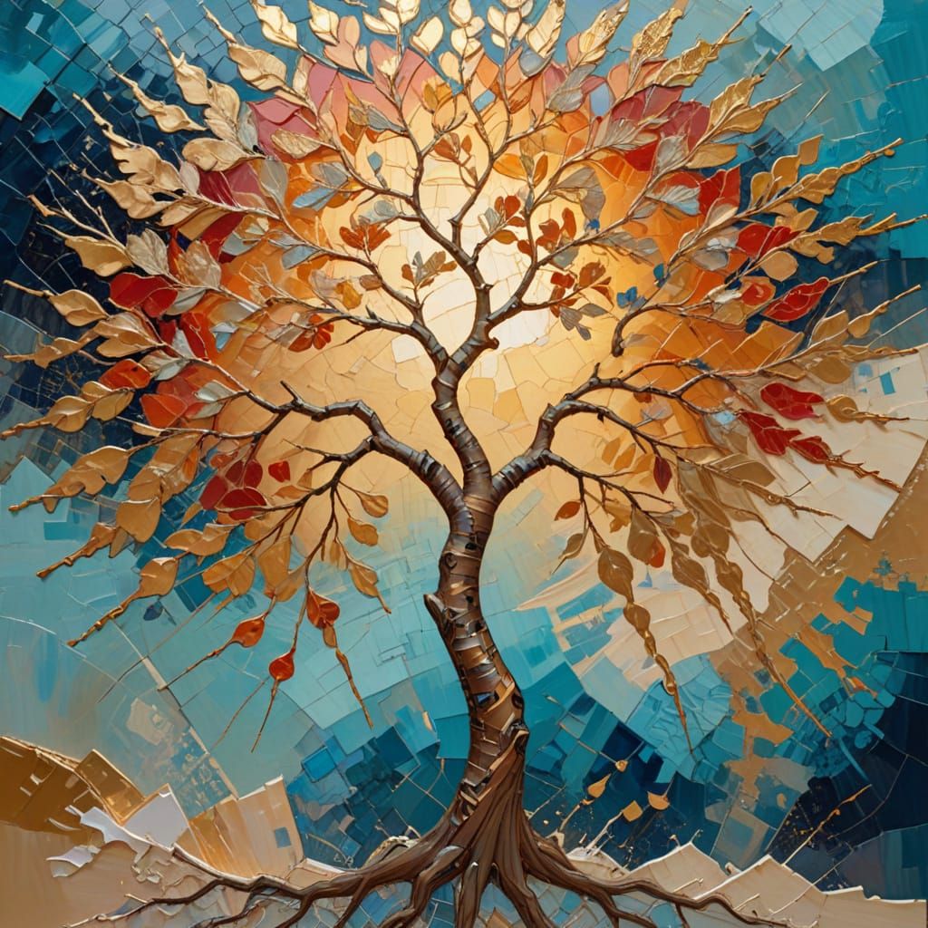 A tree with kintsugi mosaic patterns, its fragmented beauty highlighted ...