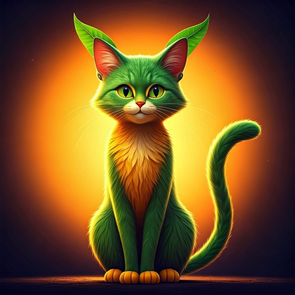 A leafy green and yellow cat - Whimsical Mango Cat with Leaf...