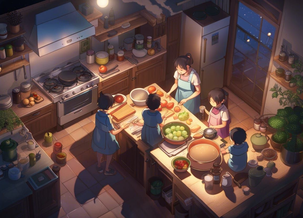 aerial view of a family cooking in kitchen at night ,ultra hd rendered ...