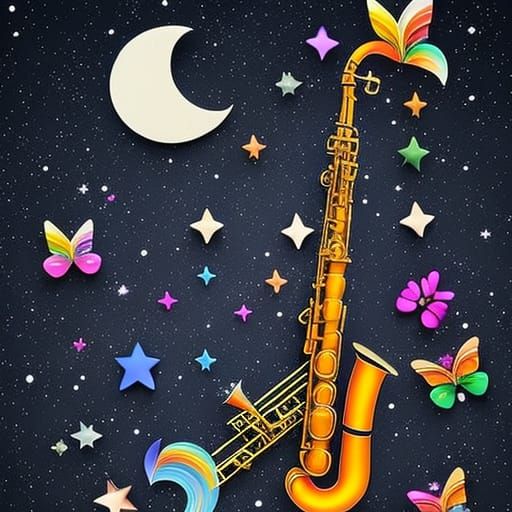 Intricately detailed Saxophone with rainbow butterflies and stars ...