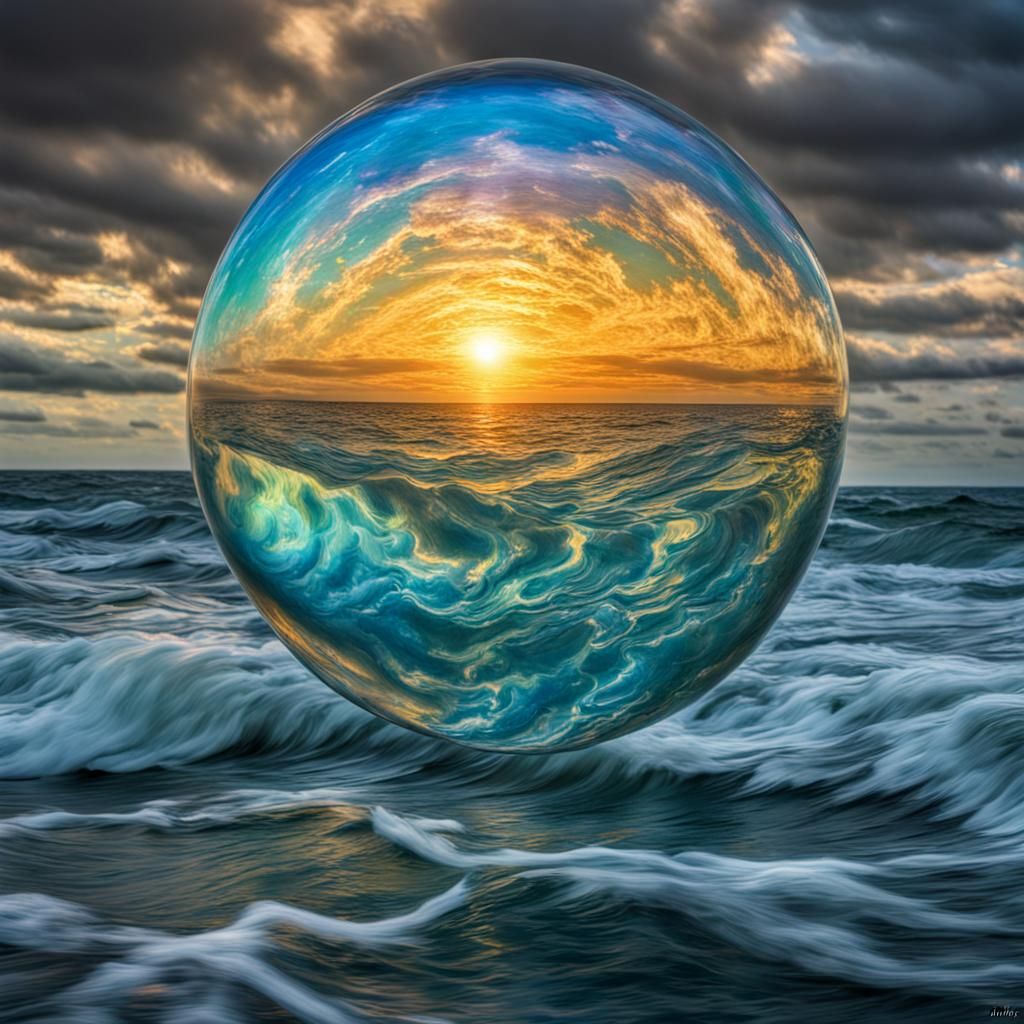 An iridescent bubble floats upward above the sea in a Vincent van Gogh ...