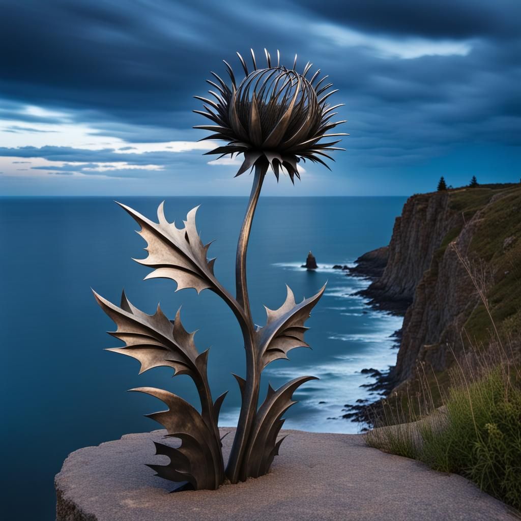 A metal statue of a big thistle made of metal standing on the cliffs ...