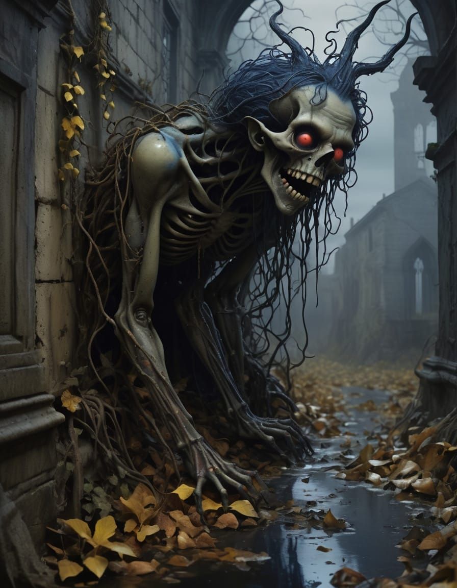 A colossal, twisted creature with the lower body of a zombie and the ...