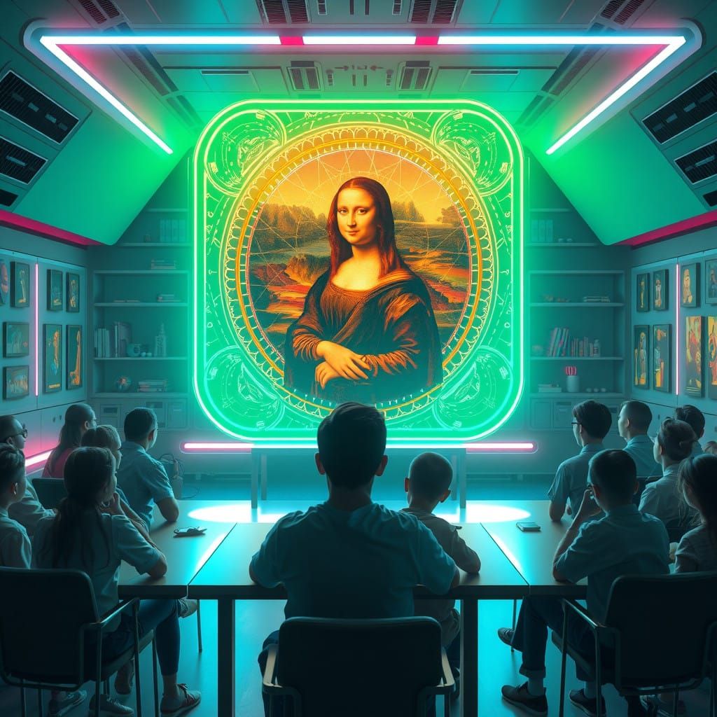 Futuristic Art Classroom with Holographic Mona Lis... - AI Art