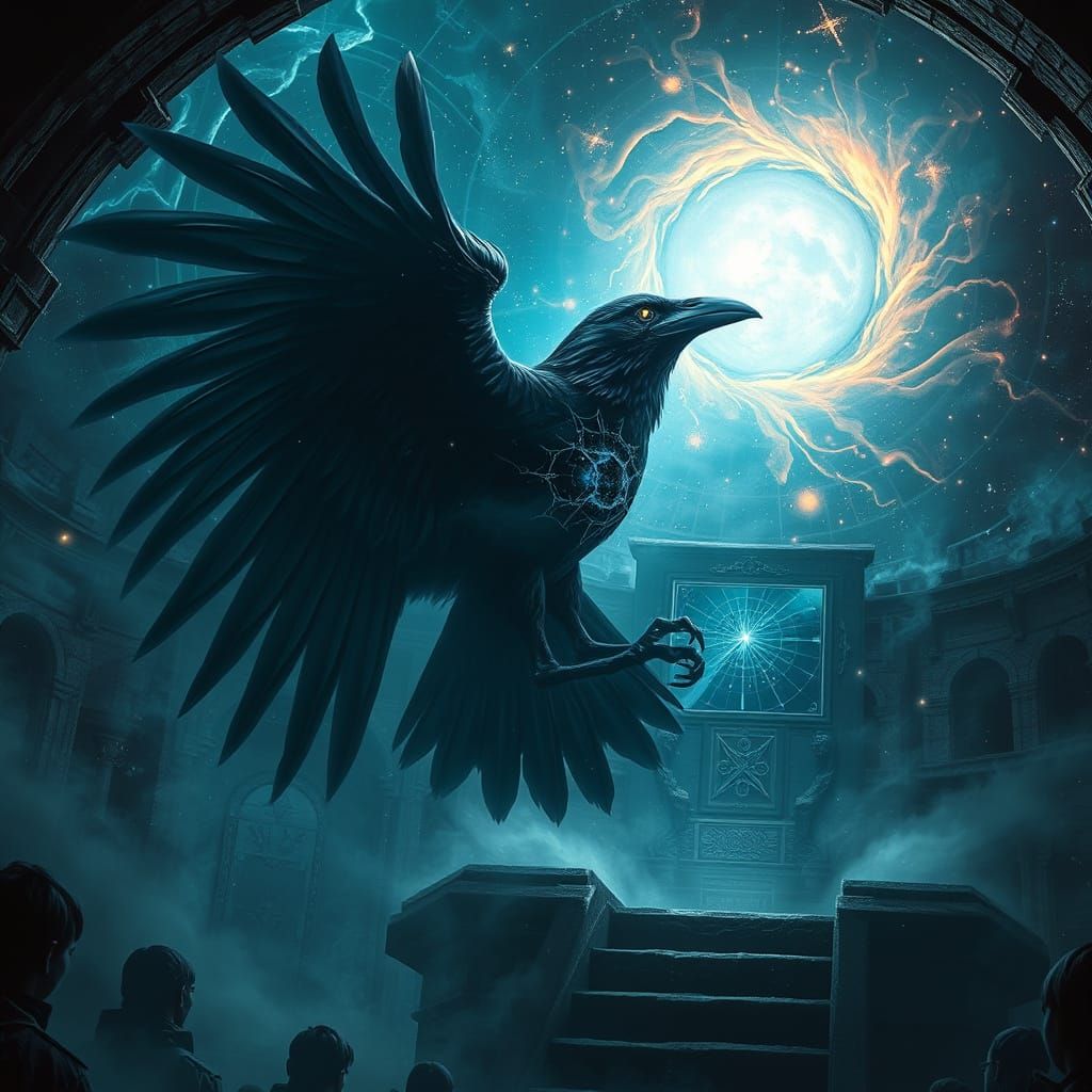 Cosmic Raven Ascends from Ancient Observatory - AI Art