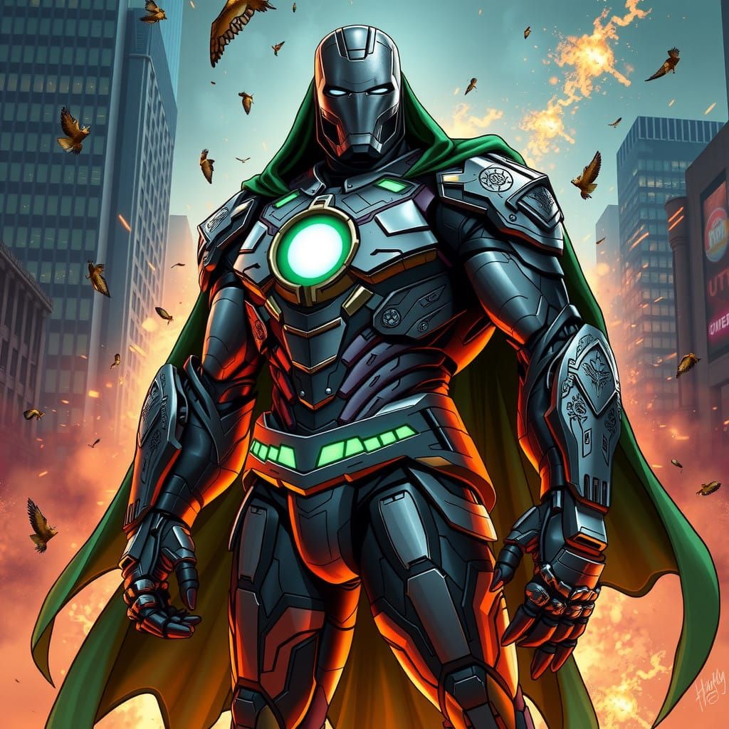 Design a dramatic and fierce rendition of Doctor Doom donning a ...