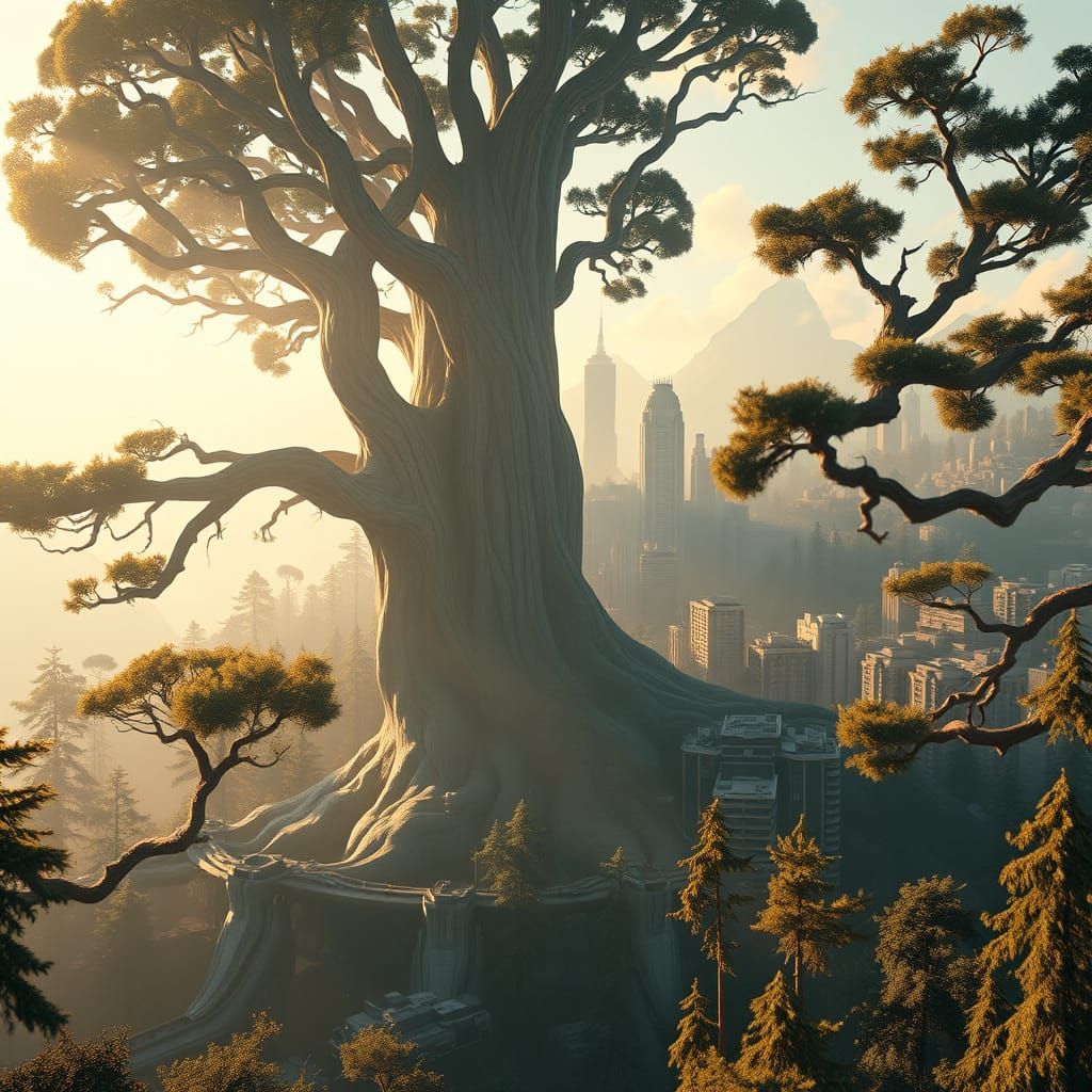 Urban Fantasy Sequoia Tree City, - Majestic Tree City in Gol...