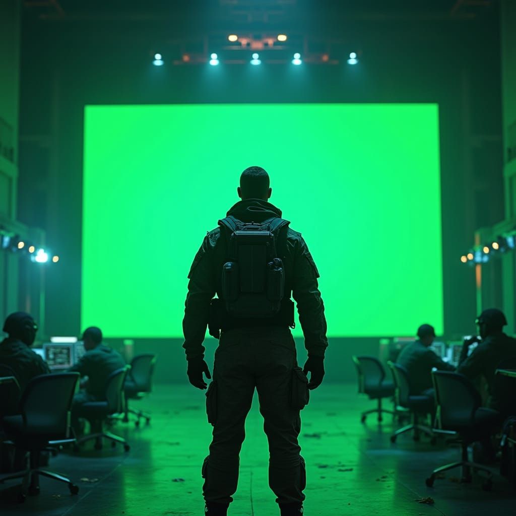 Modern Military Man Stands in Front of Digital Gre... - AI Art