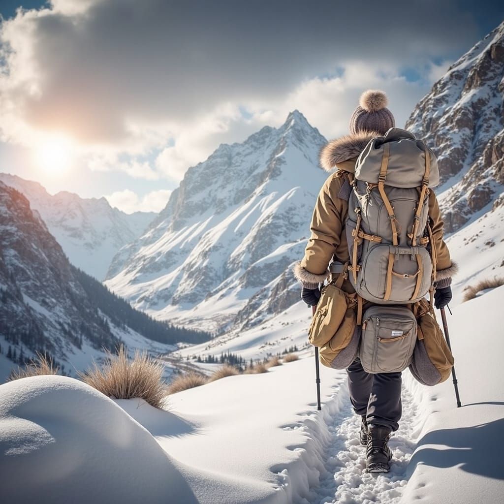 Adventurer with big backpack - Snowy Mountain Adventurer wit...